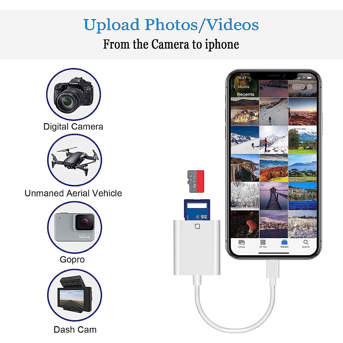 Lightning to SD Card Camera Reader for iPhone iPad,(Apple MFi Certified) SD Card Reader for iPhone,Trail Camera Viewer SD Memory Card Reader Adapter for iPhone 14/13/12/11/XS/XR/X/8/7/iPad,Plug & Play