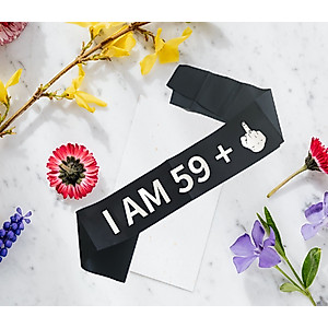 Joyiou “I AM 59+1” Sash, 60th Birthday Sash with Silver Foil, Soft Black Satin Sash for Women and Men, Sixty Birthday Party Supplies Decorations Favors, 60 Years Old Birthday Funny Gifts