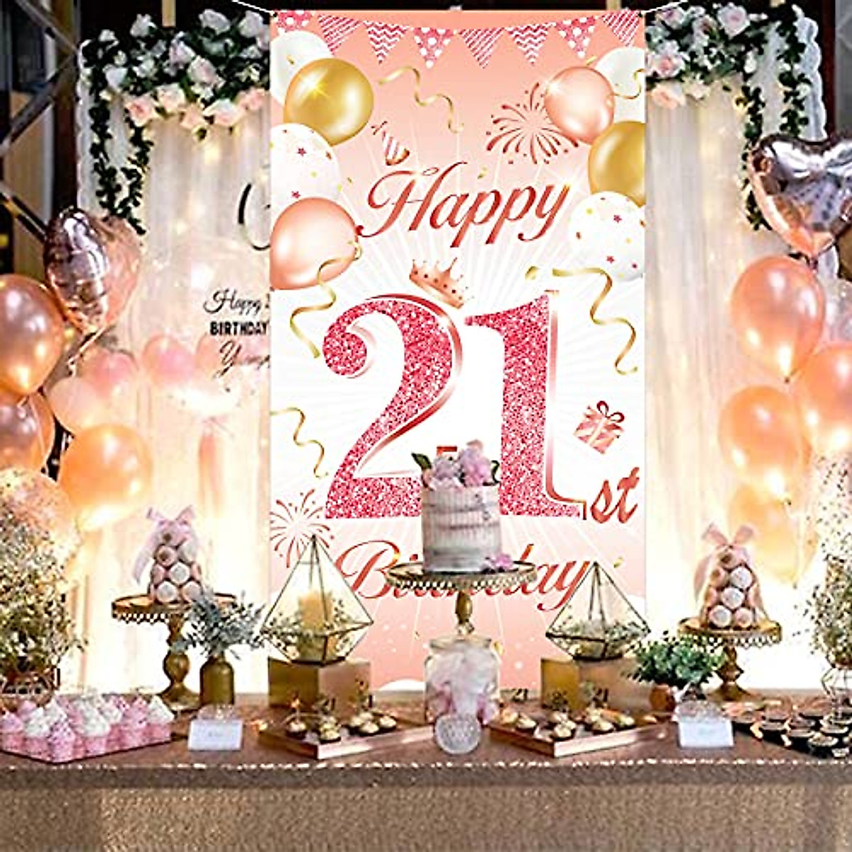 DPKOW Rose Gold 21st Birthday Party Decoration for Woman, Rose Gold 21st Birthday Banner for Backdrop Door Decoration,21st Birthday Background Banner for Garden Wall Decoration, 185 x 90cm Fabric