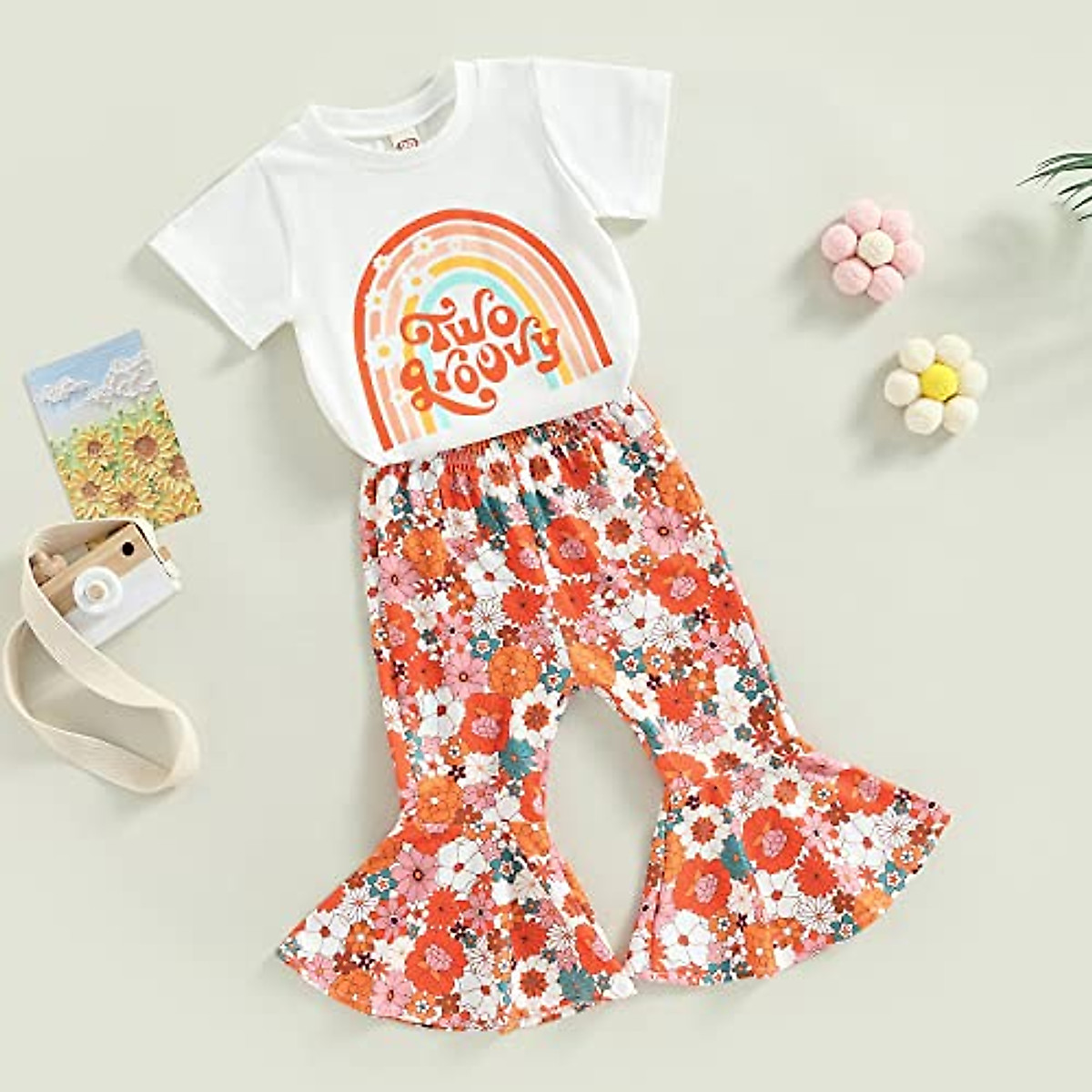 Toddler Baby Girl Summer Clothes Short Sleeve Groovy T-Shirt Flower Bell Bottoms Bobo Baby Girl Clothes 1-6T (Two Groovy-White, 2-3 Years)
