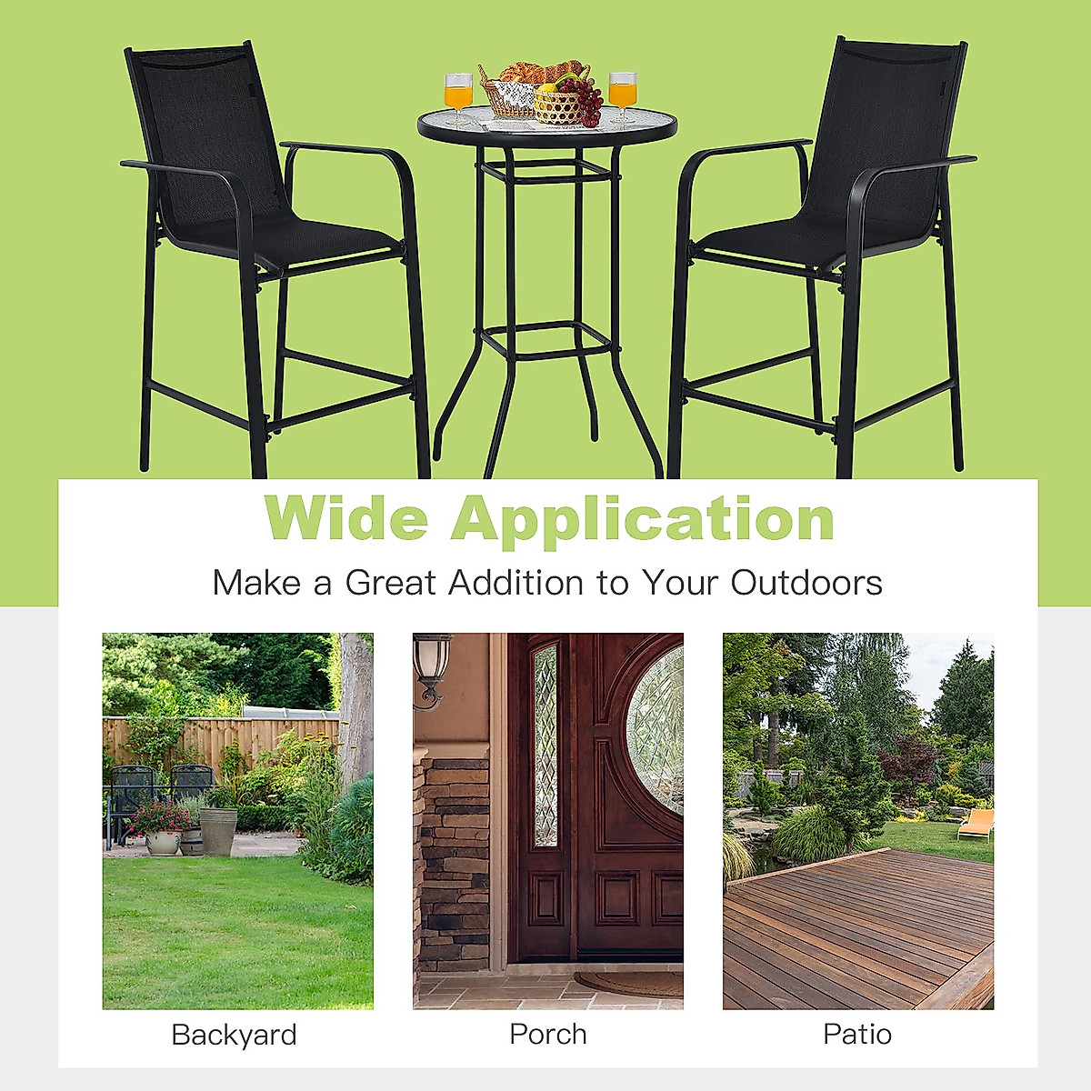 Tangkula 3 Pieces Outdoor Patio Bar Set, Outdoor Bistro Set with 2 Bar Stools and 1 Tempered Glass Bar Table, Bar Height Patio Table and Stools Set for Backyard, Garden, Lawn (Black)