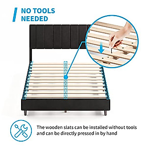 Mjkone Queen Size Bed Frame with Adjustable Headboard,Platform Bed Frame with Modern Geometric Headboard&Wood Slat Support,Queen Bed Base Frame No Box Spring Needed,Easy Assembly,Black