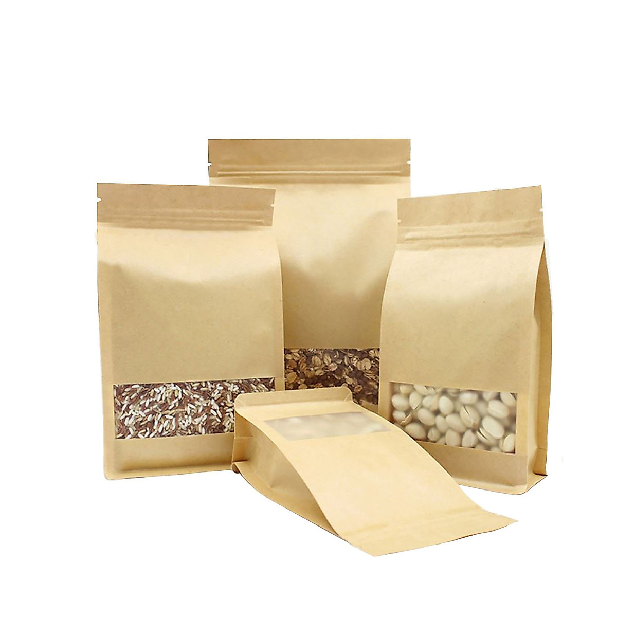 Couga Mall 50 PCS Universal Kraft Paper Packing Bag, Zip Lock Stand Up Storage Pouch Package Bag With Clear Window for Storing Snacks, Beans, Seeds and Tea Leaves(5.5"*9.4")