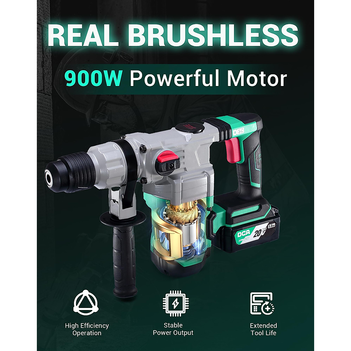 DCA 20V MAX Brushless Rotary Hammer Drill, 4.5 Joule, 3800BPM, 1-1/8 Inch SDS-Plus, Cordless Heavy Duty Rotary Hammer Drill, 5.0Ah Battery, 4A Fast Charger, Safety Clutch, 4 Drill Bits and 2 Chisels