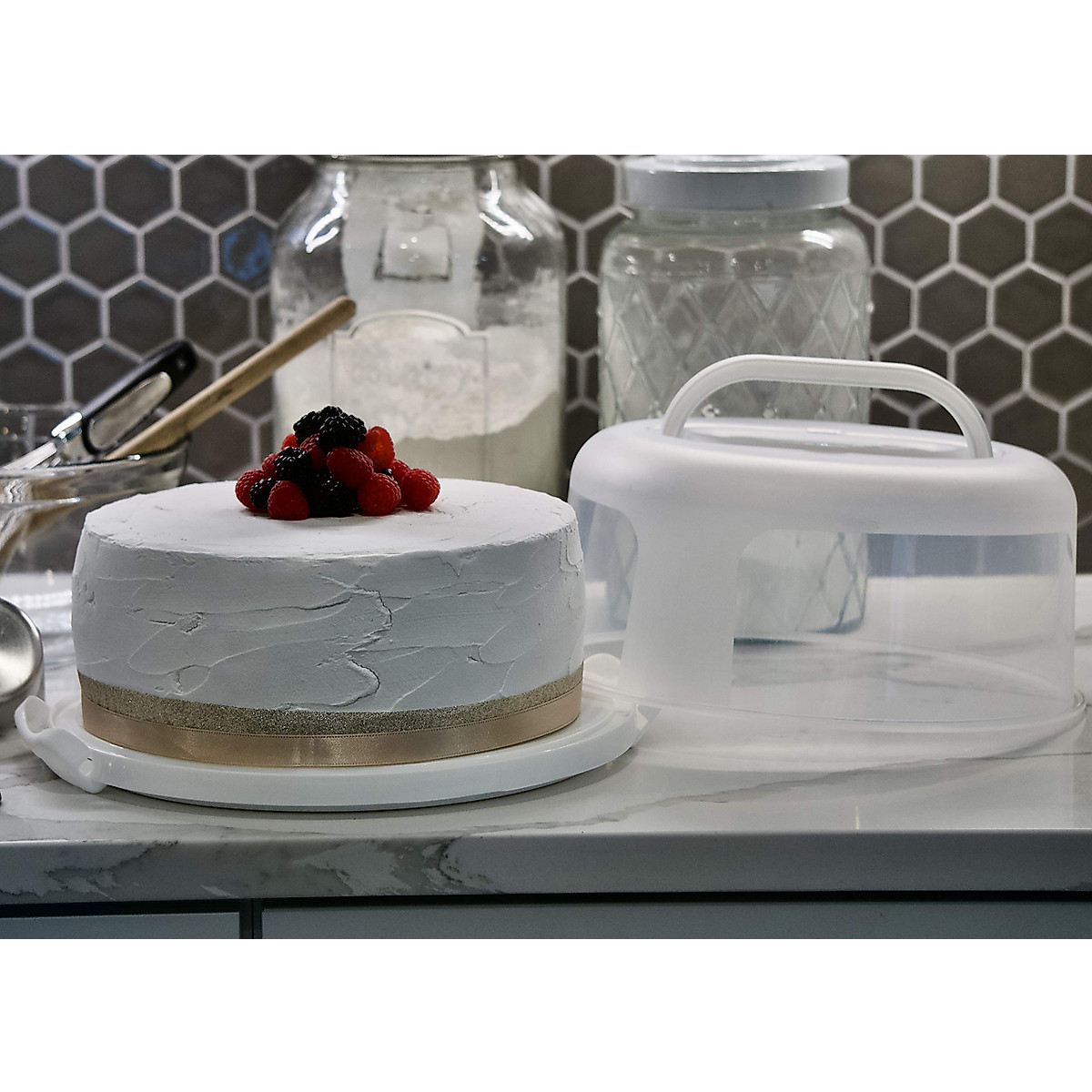 Top Shelf Elements Round Cake Carrier Two Sided Cake Holder Serves as Five Section Serving Tray, Portable Cake Stand Fits 10 inch Cake, Cake Box Comes with Handle, Cake Container Holds Pies (White)