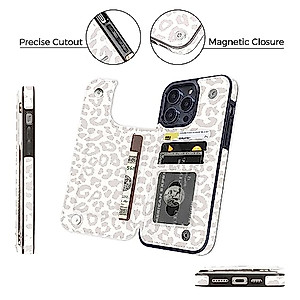 uCOLOR Compatible with iPhone 14 Pro Max 6.7" Wallet Case with Card Holder Folio Flip PU Leather Kickstand Card Slots Case Double Magnetic Clasp and RFID Blocking Cover 6.7 Inch (Beige Leopard)