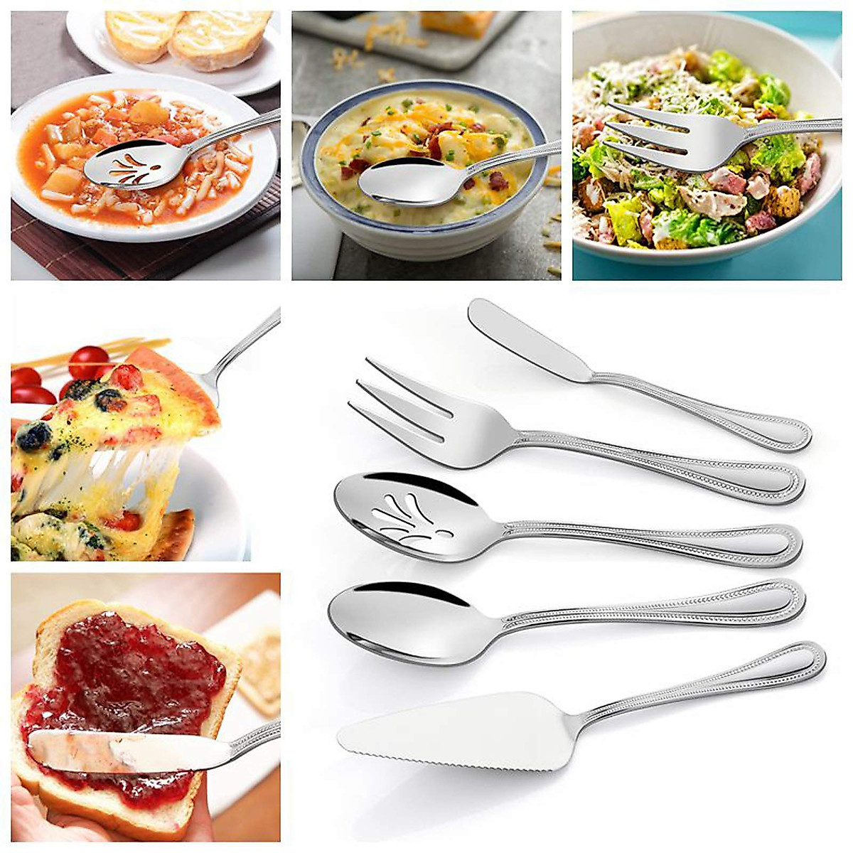 65-Piece Silverware Set with Serving Utensils, HaWare Stainless Steel Flatware Service for 12, Pearled Edge Tableware Cutlery for Home Restaurant Party, Mirror Polished, Dishwasher Safe