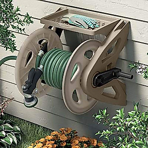 Suncast Handler Durable Hard Plastic Wall Mounted Outdoor Retractable Garden Hose Reel with Storage Tray and 200 Feet Hose Capacity, Taupe