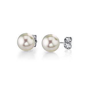THE PEARL SOURCE 18K Gold 8-8.5mm AAA Quality Round White Akoya Cultured Pearl Stud Earrings for Women