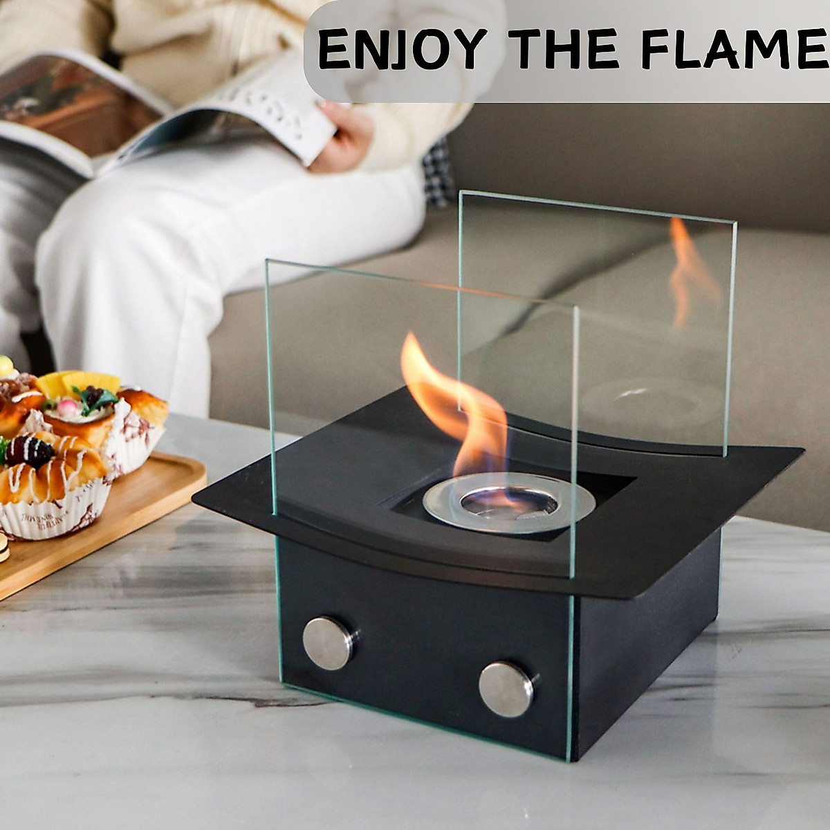 NEWIMAGE Tabletop Fire Pit, Fire Bowl 6Lx7Wx8 H Portable Tabletop Fireplace Clean Burning Bio Ethanol Ventless Fireplace for Indoor Outdoor Patio Parties Events