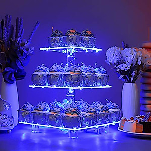 YestBuy 3 Tier Square Cupcake Stand - Premium Cupcake Holder - Acrylic Cupcake Tower Display - Cady Bar Party Décor + LED Light String - Ideal for Weddings, Birthday Parties(Blue Light)