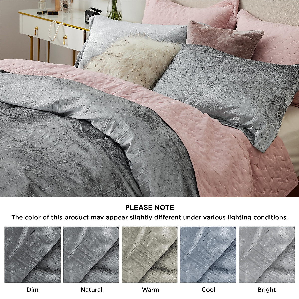 Bedsure Velvet Duvet Cover Set - Luxurious, Glossy King Size Duvet Cover Set, Grey Duvet Cover King Size with 2 Pillow Shams (Silver Grey, King, 104 x 90 inches)