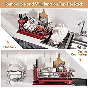 Qienrrae Large Dish Drying Rack with Drainboard Set, Stainless Steel Dish Rack with Drainage, Wine Glass Holder, Utensil Holder and Extra Dryer Mat, 2 Tier Dishes Rack for Kitchen Counter, Red