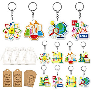 BUYWUMORE Science Party Favors 12 Sets with Keychains Thank You Kraft Tags and Organza Bags for Scientist Theme Birthday Party Classroom Rewards School Party Supplies