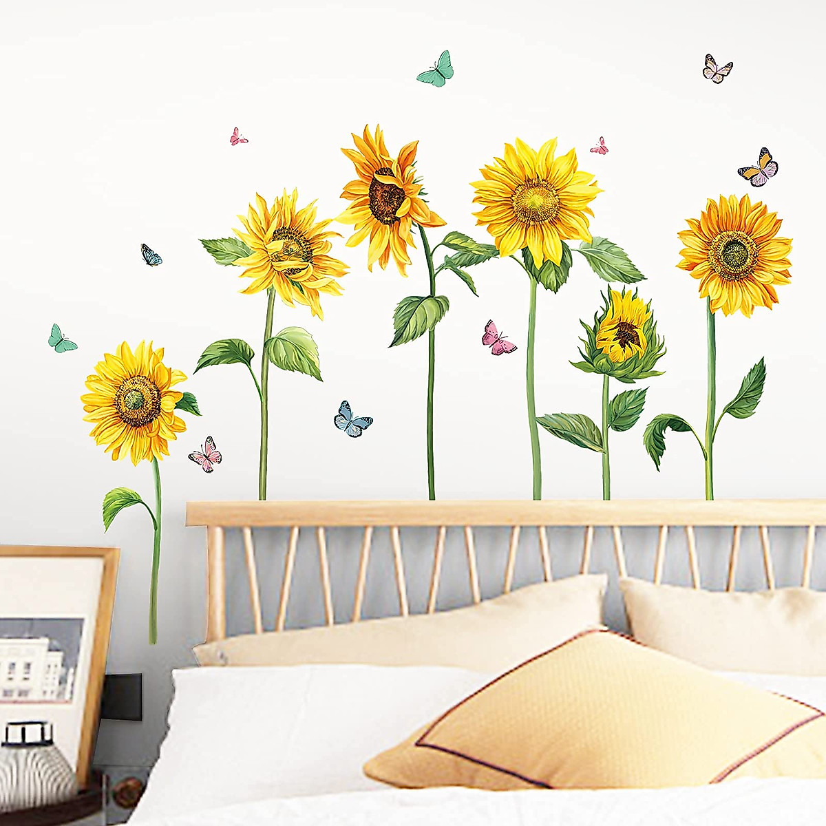 decalmile Large Sunflower Wall Decals Garden Flower Butterfly Wall Stickers Bedroom Living Room Home Office Background Wall Decor