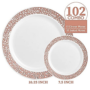 FOCUSLINE 102 pcs Rose Gold Plastic Party Plates Lace Design Disposable Plates Set, 51 Heavy Duty 10.25 Inch Dinner Plates and 51 7.5 Inch Dessert Plates