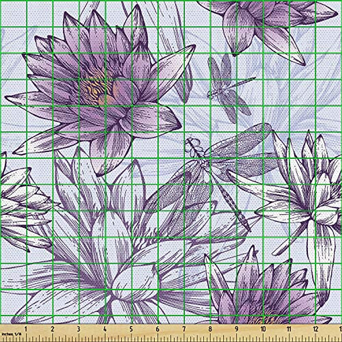 Ambesonne Nature Fabric by The Yard, Water Liliy and Dragonfly Patterns Garden Theme Illustration Wildlife, Decorative Fabric for Upholstery and Home Accents, 1 Yard, Pale Blue Pale Purple