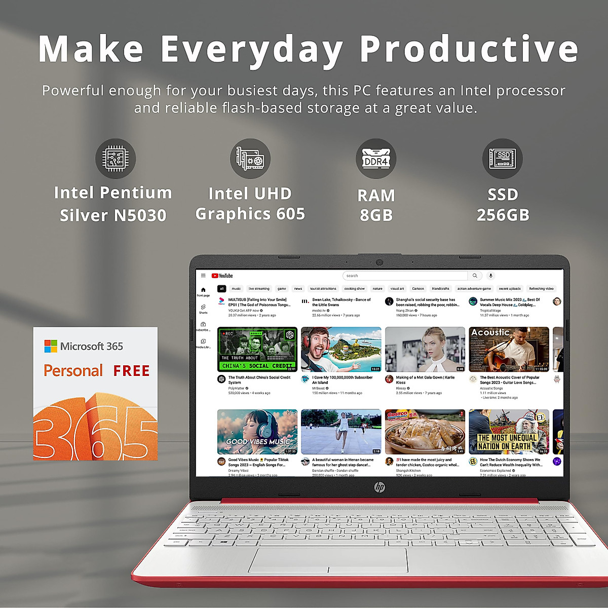 HP 15.6” HD Student Laptop, Intel Pentium Silver N5030, 8GB RAM, 256GB PCIe SSD, Intel UHD Graphics, HD Webcam, Numpad, Wi-Fi 5, Bluetooth, Win 10 S, Red, 32GB Snowbell USB Card