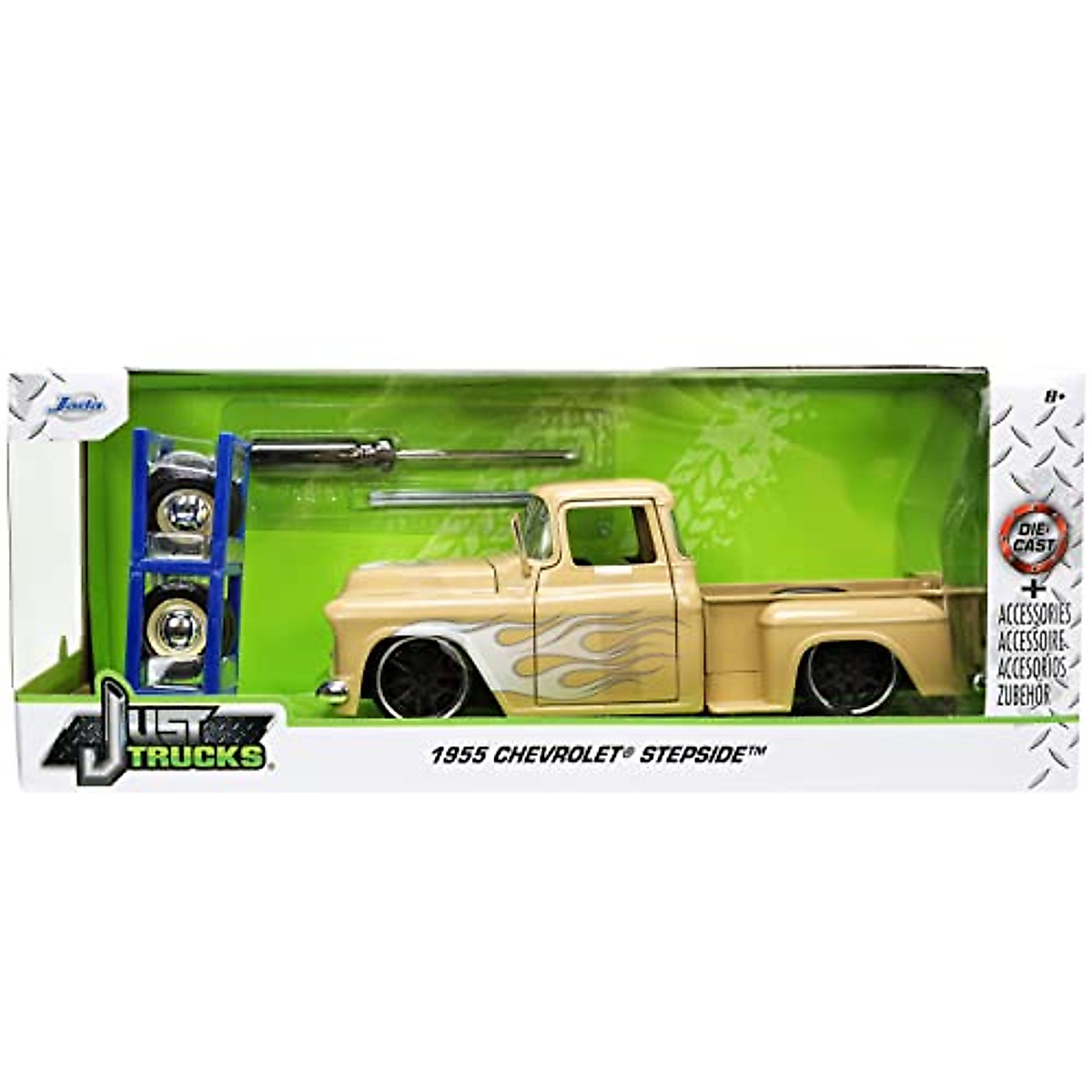 Jada Toys Just Trucks 1:24 1955 Chevy Stepside Pickup Die-cast Car Tan with Tire Rack, Toys for Kids and Adults (26144)