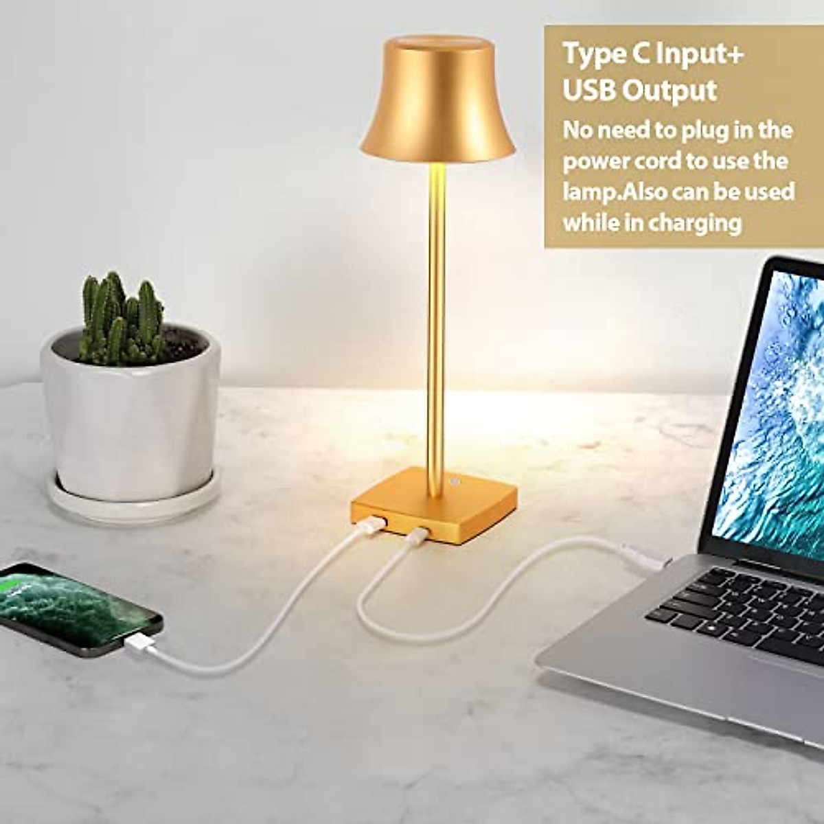 LED Desk Lamp Cordless Table Light, Rechargeable Battery Powered USB Charging Port 3 Levels Brightness Dimmable for Outdoor Modern Restaurant Dining Bedroom Study Portable Lights Set of 2 Pack Gold