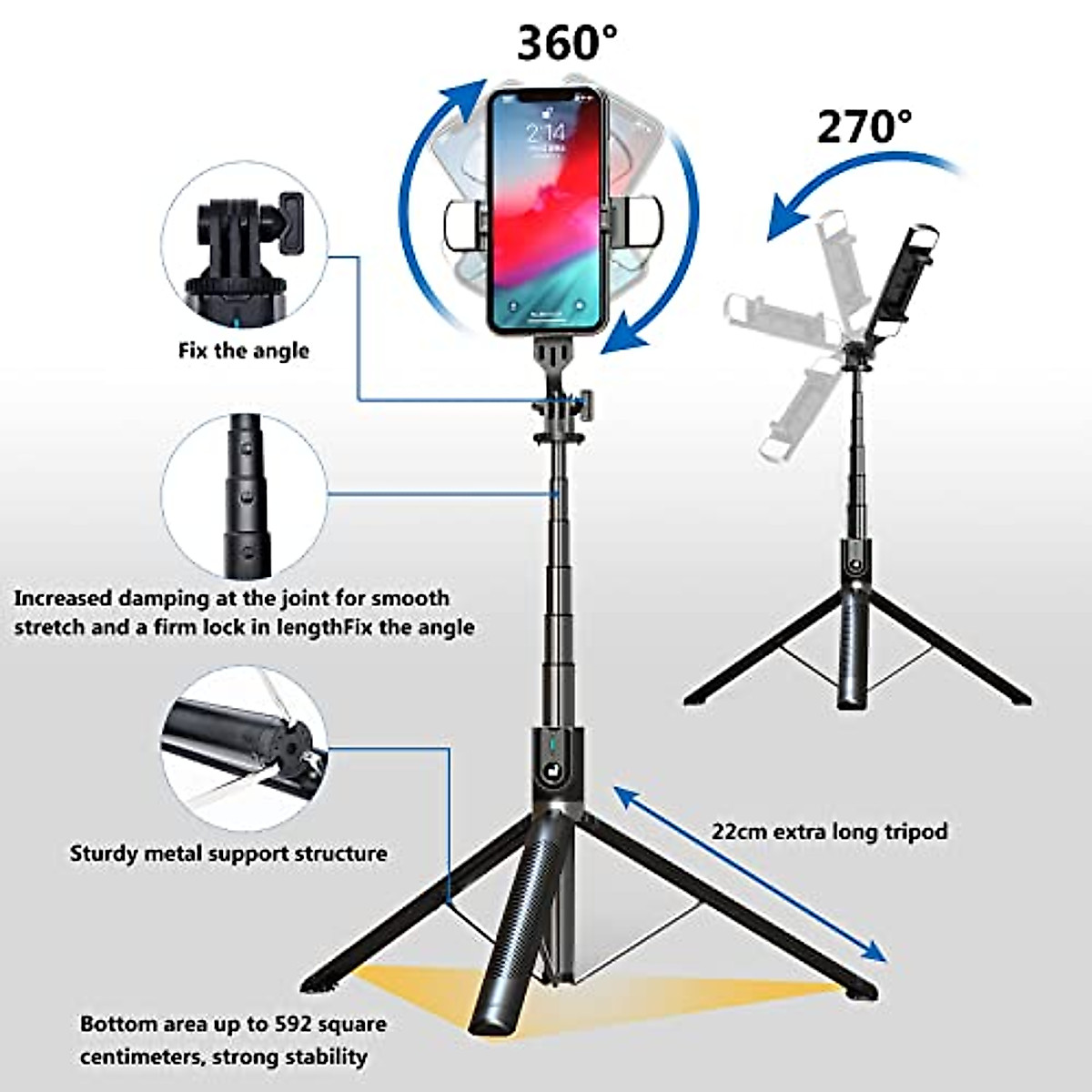 Selfie Stick Phone Tripod with Remote and LED Fill Lights - ASHINER 70 inch Heigh Cell Phone Holder for Travel, Vlogging, Live Streaming Video and Photos,Phone Stand Compatible with iPhone and Android