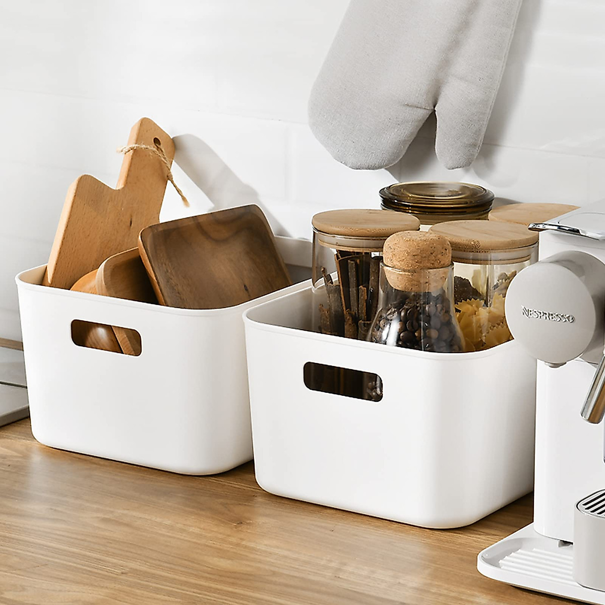 ZOAJU Plastic Basket Set, Pack of 6 Storage Basket Pantry Bins Kitchen Spice Rack Organizer for Shelves Drawers Pantry Closet Classroom Bathroom 12 In x 7.9 In x 4.7 In , White