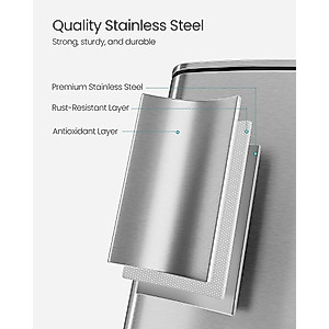 SONGMICS Kitchen Trash Can, 8-Gallon (30 L) Trash Bin, Stainless Steel Garbage Can, with Inner Bucket, Soft Close and Stays Open, Metallic Silver ULTB593E01