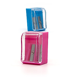 Emraw Dual Blade Square Sharpener with Receptacle to Catch Shavings for Regular/Oversize Pencils & Crayons Designed in Blue, Green, Pink & Black Plastic – Great for School, Home & Office (8 pack)