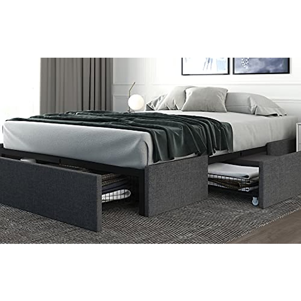 HOOMIC Upholstered Queen Platform Bed Frame with 3 Storage Drawers, No Fixed Headboard Design, Mattress Foundation with Wooden Slats, No Box Spring Needed, Noise Free, Dark Grey