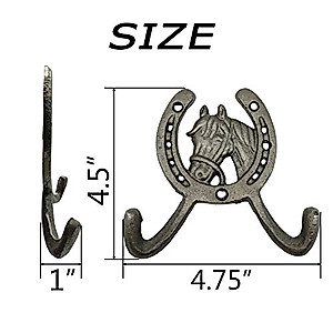 TIHOOD 2PCS 4.5" Horse Head Horseshoe Western Double Cast Iron Wall Hooks, Horse Shoe with Horse