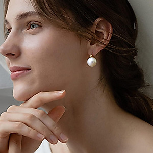 HUGE TOMATO Pearl Earrings for Women Trendy, 14mm 925 Sterling Silver Pearl Drop Earrings Fashion, 14K Gold Plated Hypoallergenic Large White Shell Pearl Hoop Earring Dangle Jewelry for Wedding Gift
