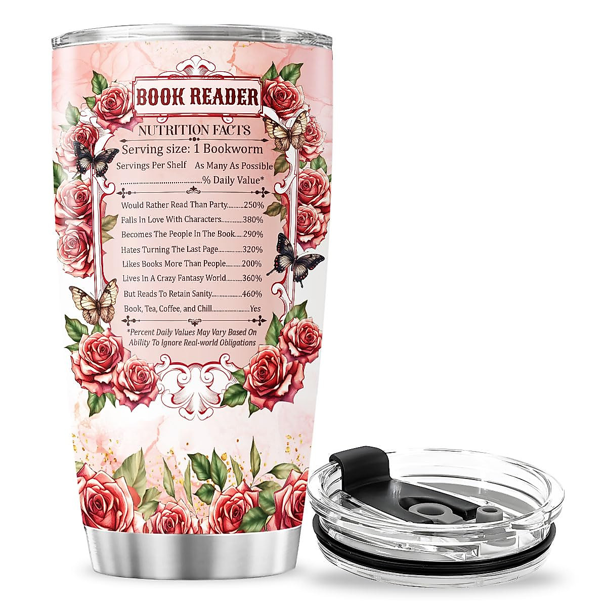 JENOIS Flower Floral Skull, Book Gifts, Tumbler 20 Oz With Lid And Straw, Book Reader Nutrition Facts