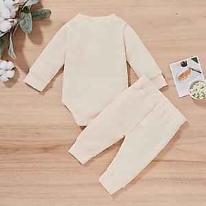 Thorn Tree Newborn Baby Boy Girl Long Sleeve Clothes Set Unisex Baby Knitted Outfits Infant Solid Snap Bodysuit Ribbed Pants (Beige,0-3 Months)