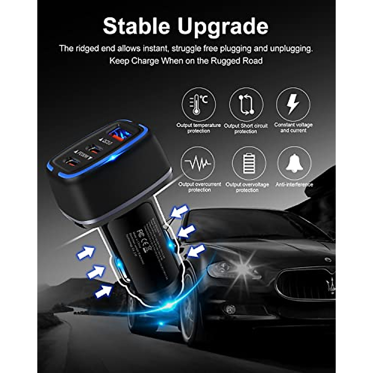 78W USB C Car Charger, Super Fast Charging Cigarette Lighter Adapter, 3 Port Power Delivery Auto Cargador for Samsung Galaxy S22 Ultra, Apple iPhone 14 Pro Max 13, iPad, Google Pixel, Kindle Fire, PS5