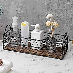 MyGift 16 Inch Deluxe Black Metal Toilet Tank Tray with Geometric Wire Design and Burnt Wood Base, Bathroom Vanity Toiletry Storage Organizer Tray with Handles