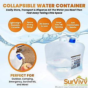 SurVivv Collapsible Water Container with Spigot, BPA Free, Food Safe Camping Water Storage Cube Jug for Outdoor Hiking Hurricane & Emergency Survival Kit, Portable Foldable Canteen