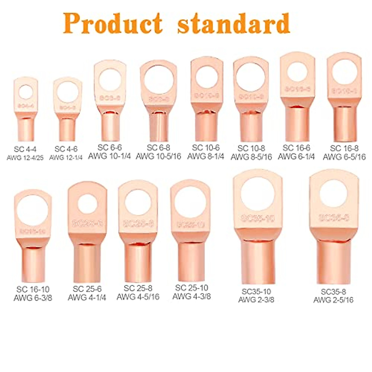 174pcs Copper Battery Cable Ends 14 Sizes Battery Wire Lugs Eyelets Tubular Ring Terminal Connectors SC Terminals for Automotive Supplies AWG2/4/6/8/10/12