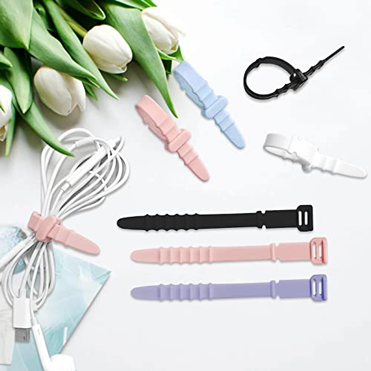 20 Pcs Silicone Zip Ties, Reusable Wire Ties 4.5'' Rubber Cable Ties Straps for Wire Management Home Office Table Organizer, Elastic Cord Ties in White, Black, Pink, Purple, and Blue