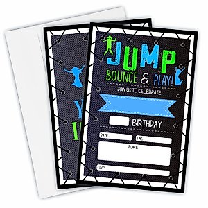 Jump Bounce & Play Birthday Invitations, Trampoline Birthday Party Invites Decorations, Kids Adults Birthday Party And Events Supplies, 20 Fill-In Invites Cards With Matching Envelopes（YQK-B01）