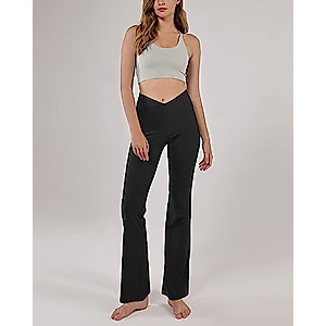ODODOS Women's Cross Waist Flare Yoga Pants with Inner Pocket, High Rise Bootcut Tummy Control Bootleg Gym Workout Pants -Inseam 31", Black, Small