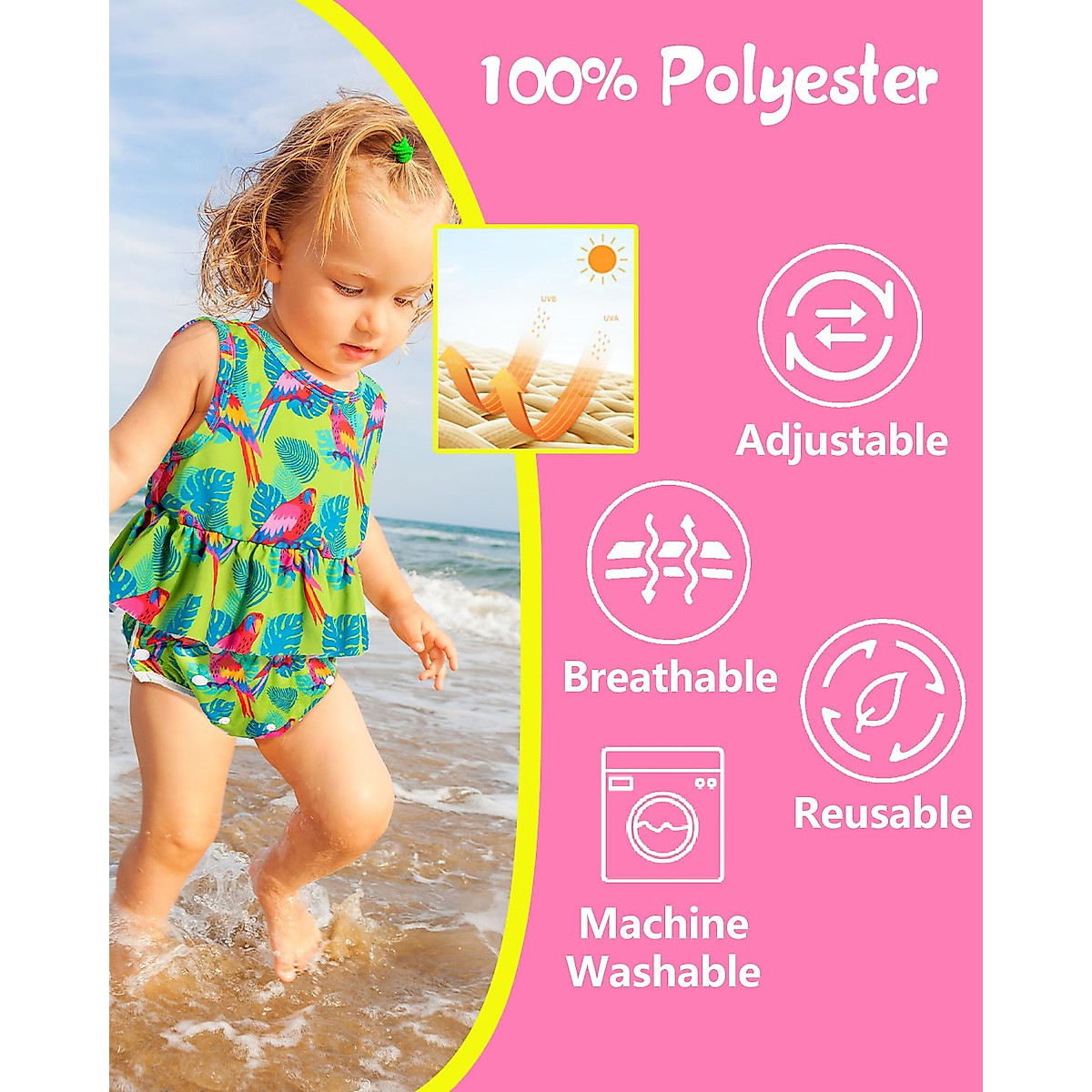 Babygoal Reusable Baby Girl Swim Diapers 3 Pack - Adjustable Washable for 0-8 Months Infants - Ideal for Swimming Lessons - Flower Design