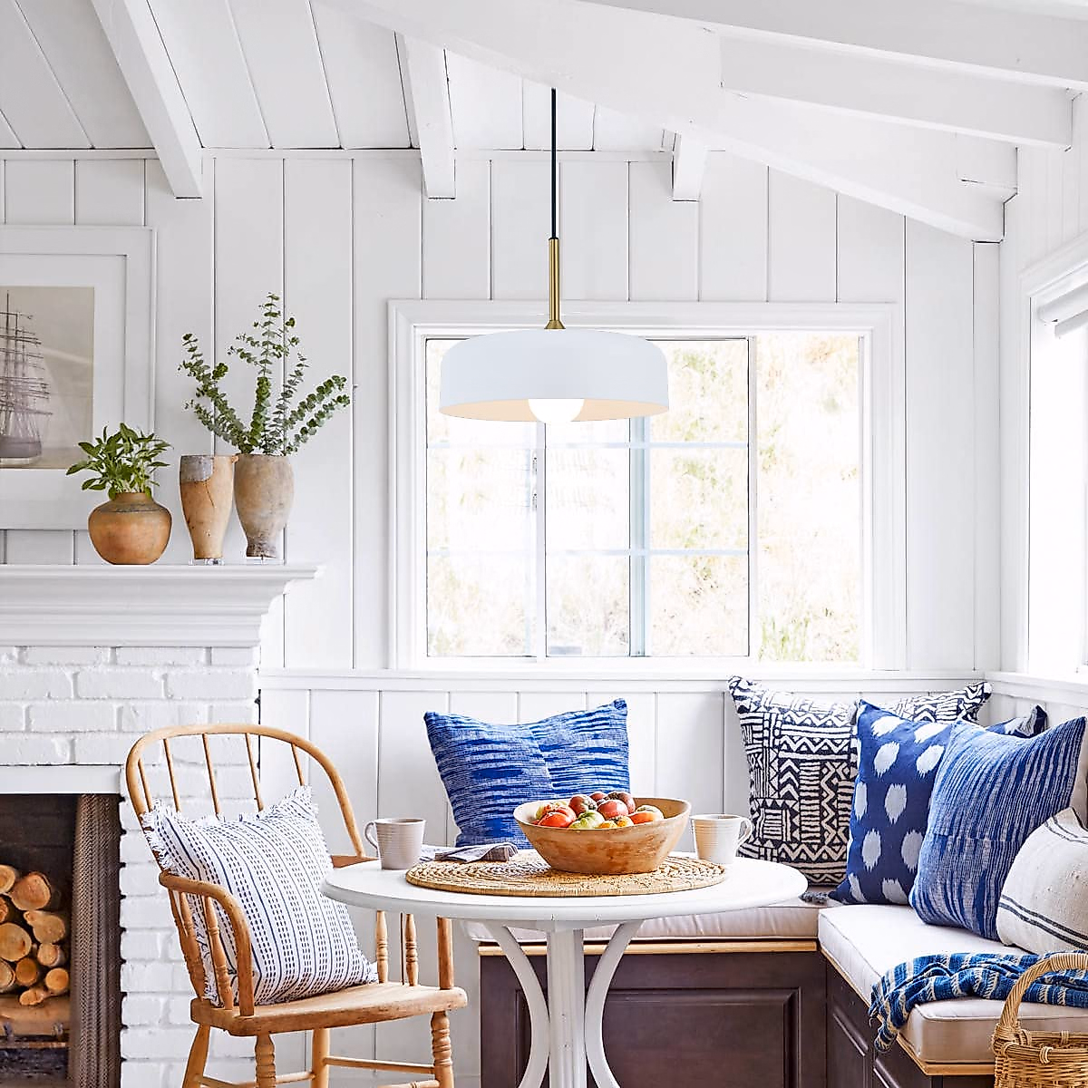 BISAMIYA 1-Light Modern Pendant Lights, Brass Accent Hanging Light Fixture with 12.6" Matte White Metal Shade, Adjustable Height, for Kitchen Island, Dining Room, Hotel, Coffee Shop