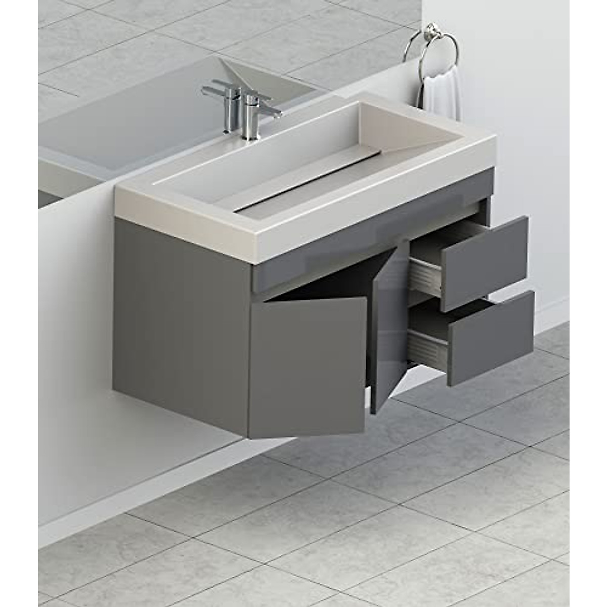 Lift Bridge Kitchen & Bath Assembled Wall-Mount Floating Bathroom Vanity with White Cultured Marble Top Sink Set, 37 in. W x 19 in. D x 29 in. H in Gray with Viteli + Genova Top
