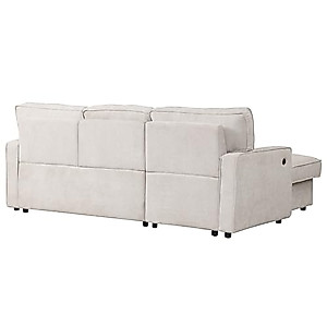 FULife Convertible Pull Out Sleeper Sectional Sofa Bed with Reversible Storage Chaise,USB Port&2 Cup Holders on Back Cushions,Upholstery L Shape 3 Seaters Corner Recliner Chaise Lounge Couch
