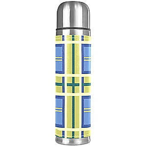Stainless Steel Leather Vacuum Insulated Mug Cascading Plaid Thermos Water Bottle for Hot and Cold Drinks Kids Adults 16 Oz