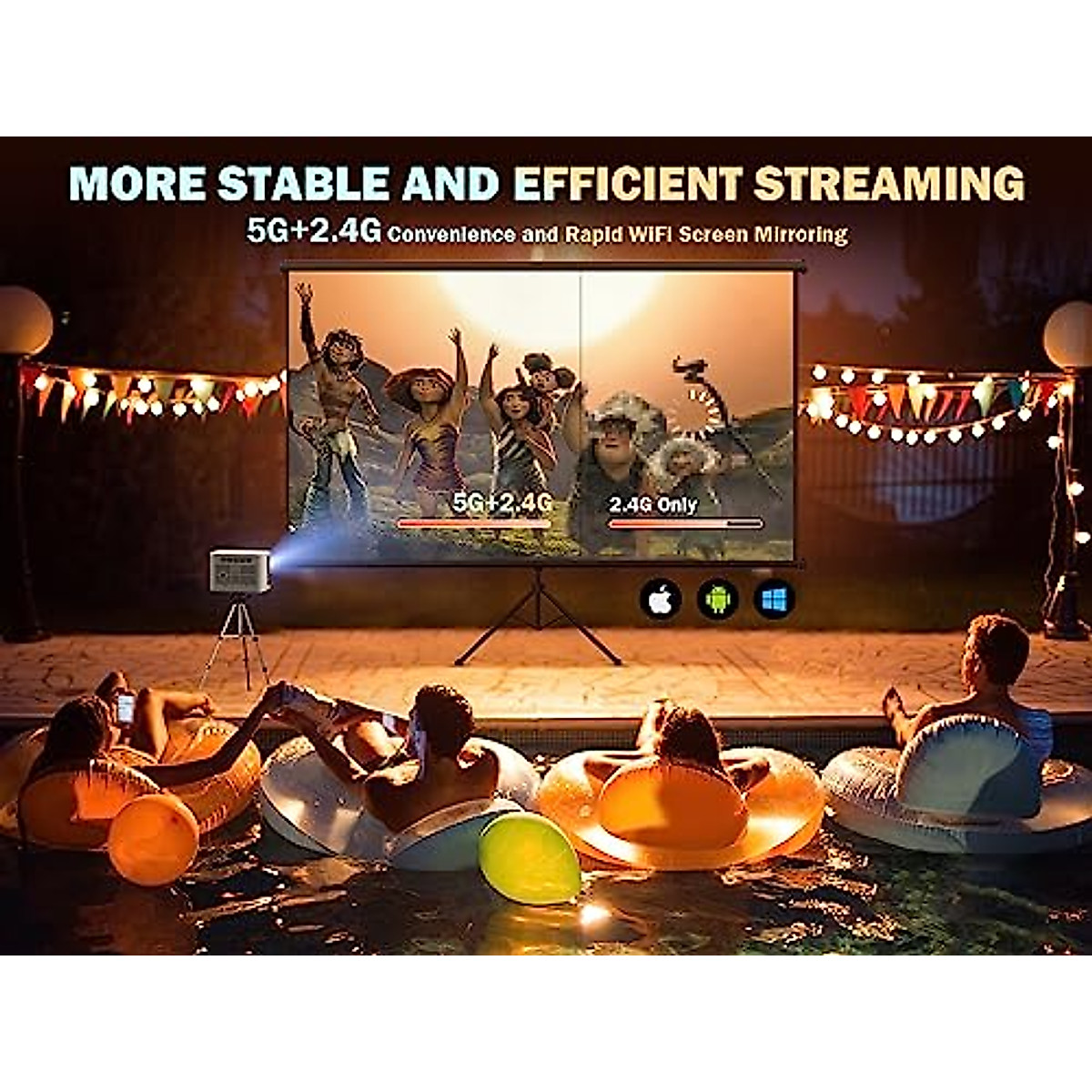 [Electric Focus] 5G WiFi Mini Bluetooth Projector 4K Support, 300 ANSI HD 1080P Portable Video Projector, ±40° Vertical Keystone|Zoom|Timer, DBPOWER Smartphone Projector Outdoor Movie for PC/TV(White)