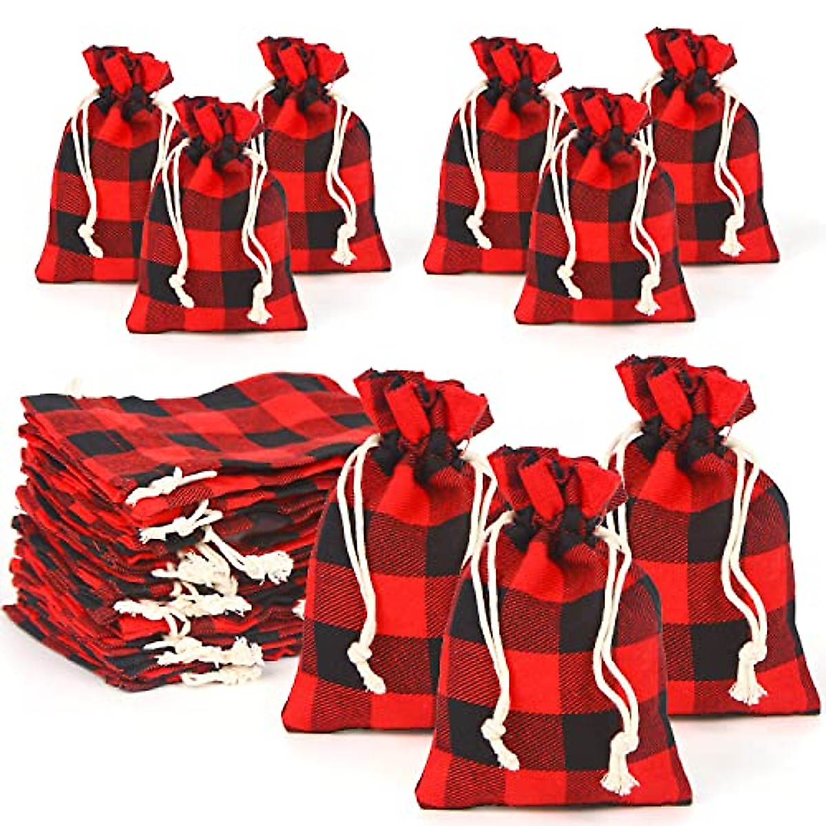SULOLI 24PCS Christmas Buffalo Plaid Drawstring Bags, Xmas Plaid Burlap Bags Drawstring Bags Washable Cotton Xmas Bag for Christmas Candy Goodie Holiday Favors