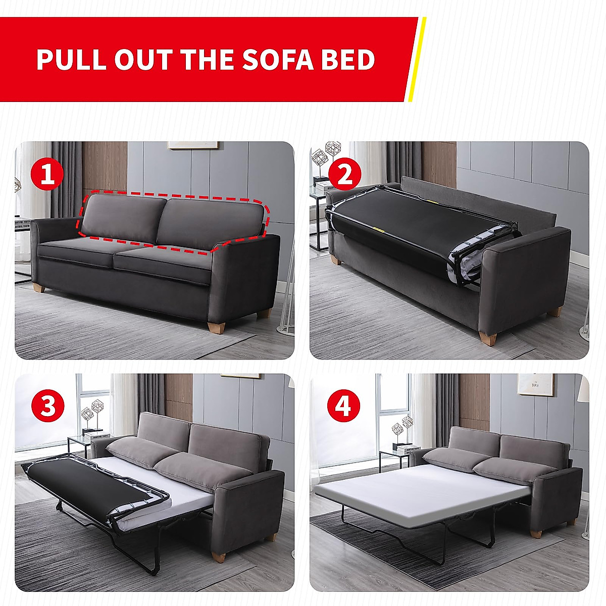 PUREMIND Sleeper Sofa Couch with Pullout Bed, Velvet Full Size Pull Out Sofa Bed with Folding Foam Mattress, 2-in-1 Pull Out Couch Bed Sleeper Loveseat Pull Out Bed for Living Room, Small Spaces