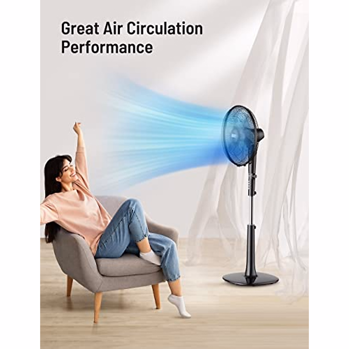 PARIS RHÔNE Fans for Home Bedroom, Oscillating Fan with Remote,16" Standing Floor Fans for Home, Dual Blade with 3 Wind Modes 12 Speed Levels,18-Hour Timer, Adjustable Height 44 to 53.1 Inch, Black