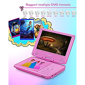 SYNAGY 11" Portable DVD Player for Kids with 9.5 inch HD Swivel Screen, Car Headrest Mount Holder, Rechargeable Battery, Car Charger, Wall Charger, SD Card Slot, USB Port (Pink)